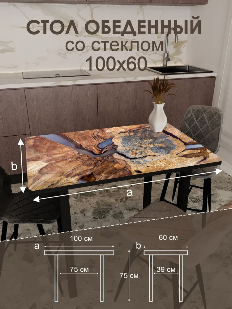 Обеденный стол "Годовые кольца" 100х60х76 см, металл, ЛДСП/стекло, черный