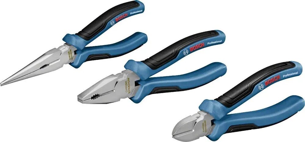 Bosch Professional Набор высокопрочных плоскогубцев (плоскогубцы, бокорезы, тонкогубцы) 3 шт, 1600A016BG