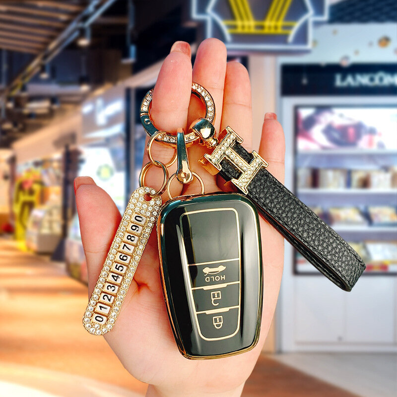 Toyota Smart Three-Button Key Fob Case Black Shell with Black H-Clasp and Number Plate for Car Keys