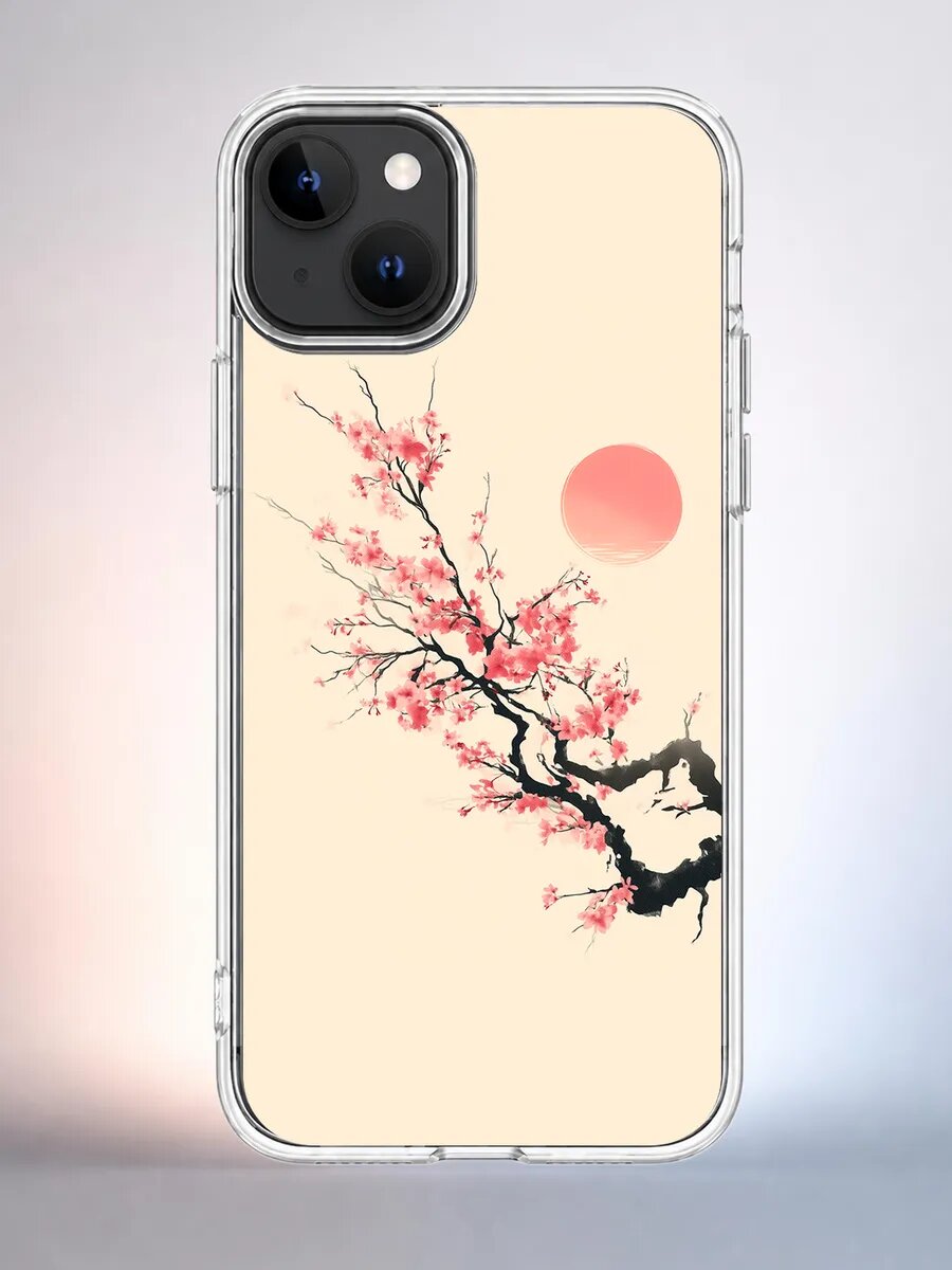 Чехол iPhone 13 сакура-солнце силиконовый прозрачный