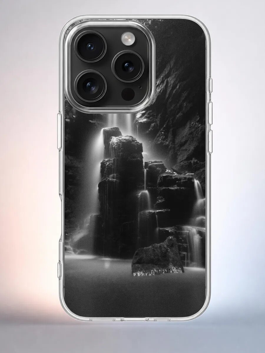 Чехол iPhone 15 Pro водопад в пещере силиконовый прозрачный