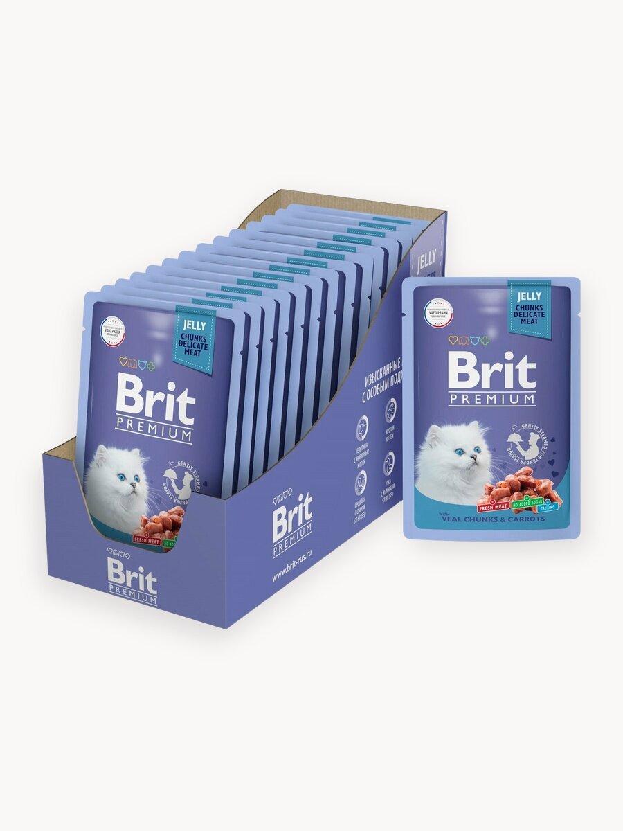 Влажный корм Brit Premium пауч для котят (кусочки в желе) Телятина с морковью, 85 г х 14 шт.