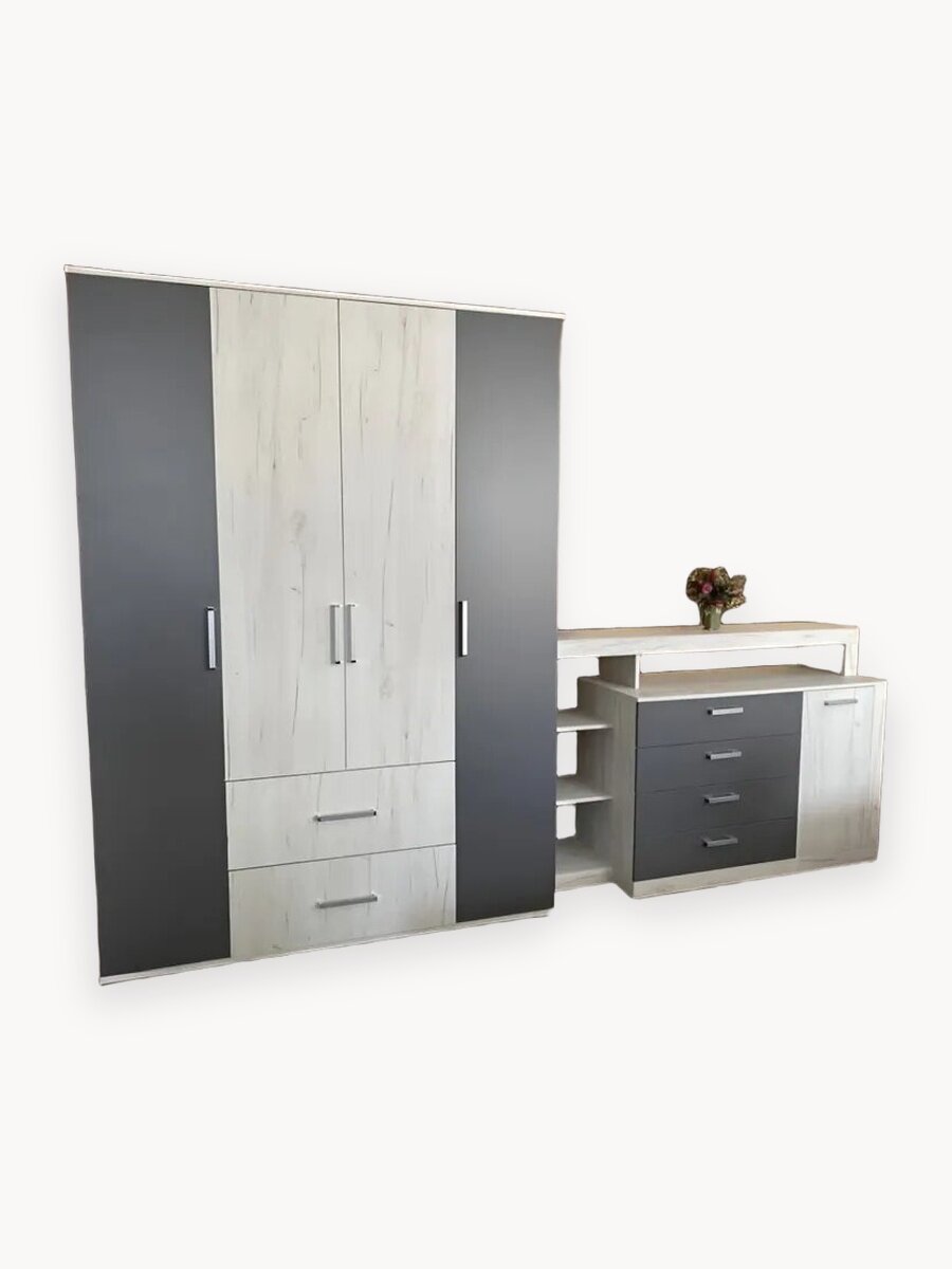 Шкаф Фиеста NEW+Комод Ангара 3м 20 см Графит / Дуб Крафт Белый