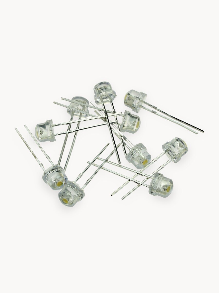 Светодиод 5мм, 3V, цвет белый теплый, прозрачная линза 120*, упаковка 10шт