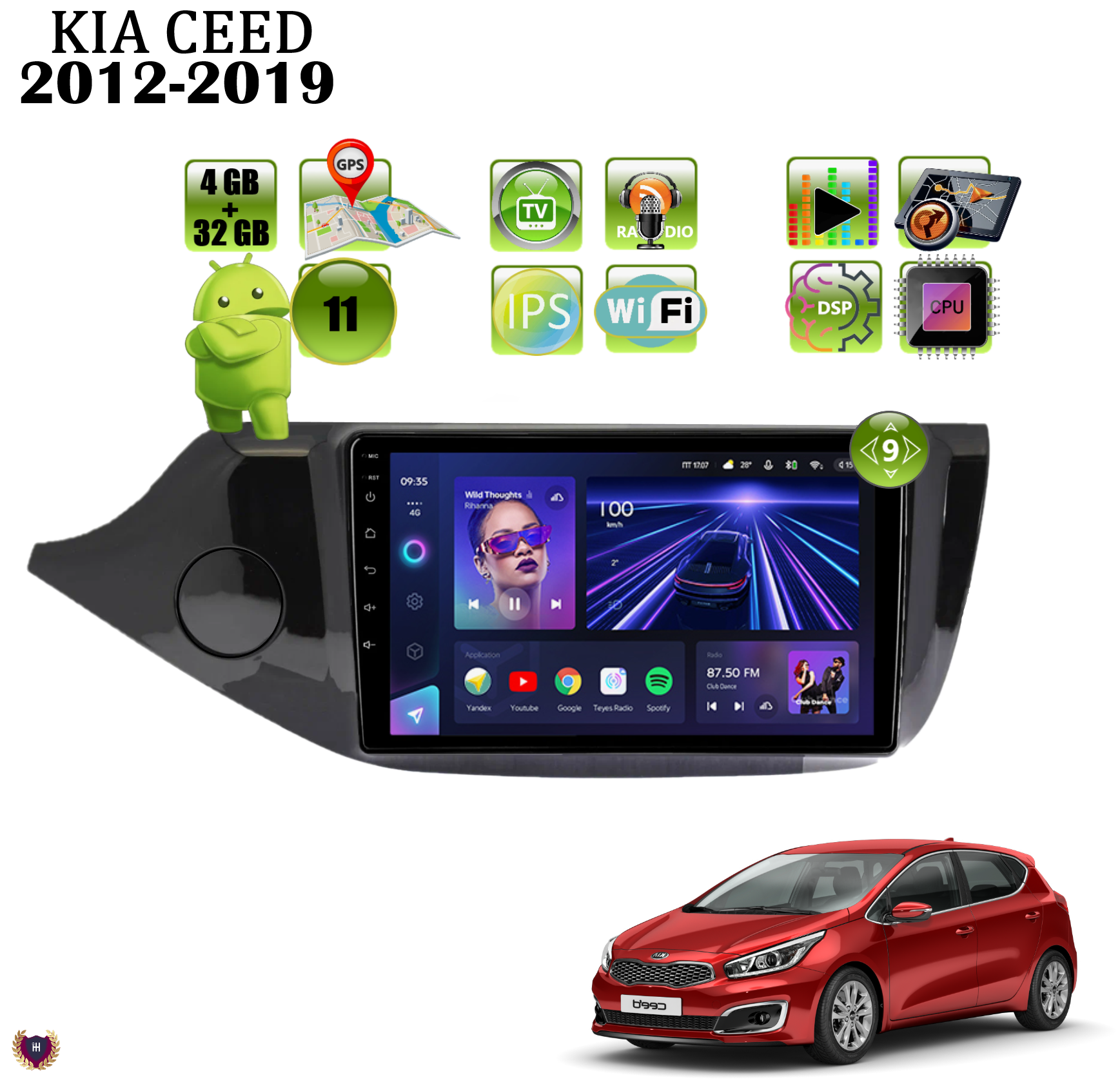 Автомагнитола для Kia CEED (2012-2019), Android 11, 4/32 Gb, Wi-Fi, GPS, Bluetooth, CarPlay, поддержка кнопок на руле