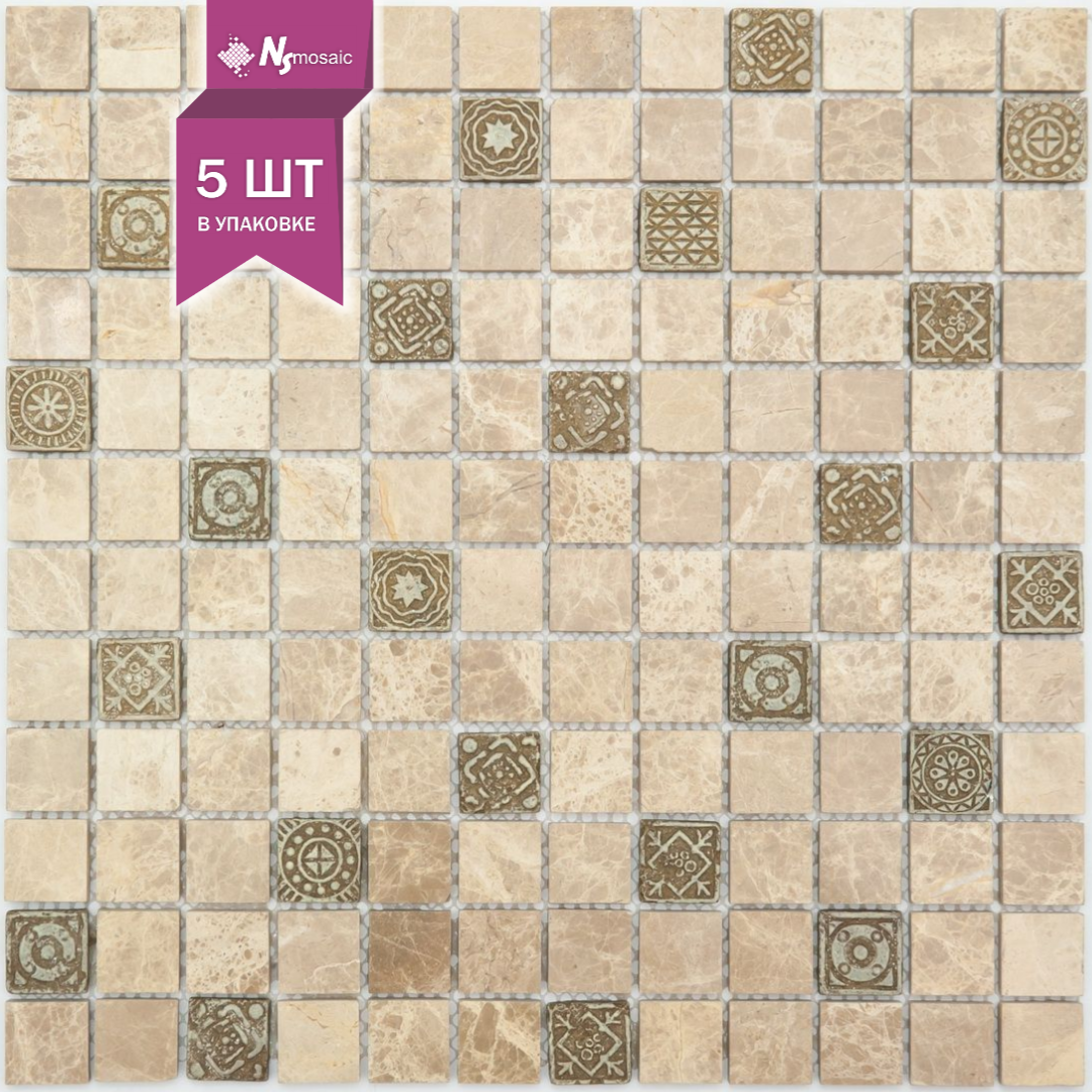 Мозаика из мрамора и керамики NSmosaic K-717, глянцевая бежевая, 298х298 мм, упаковка 5 шт