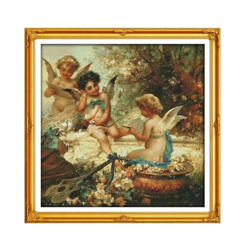 Картина "Три маленьких ангела в саду" Joy Sunday вышивка крестом 14CT Printed