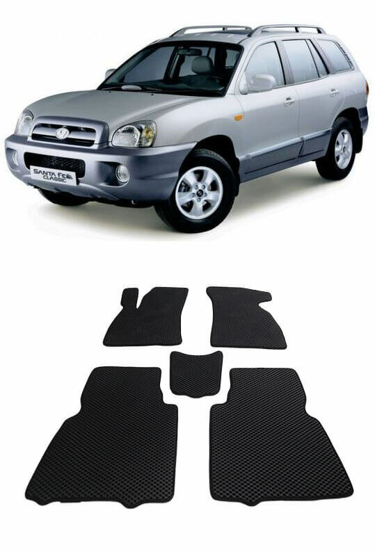 Ева коврики Hyundai Santa Fe I Classic 2000 - 2012/ Ева ЭВА сота/ цвет Черный c серой окантовкой / EVA Smart / коврики в салон автомобиля Хёндай
