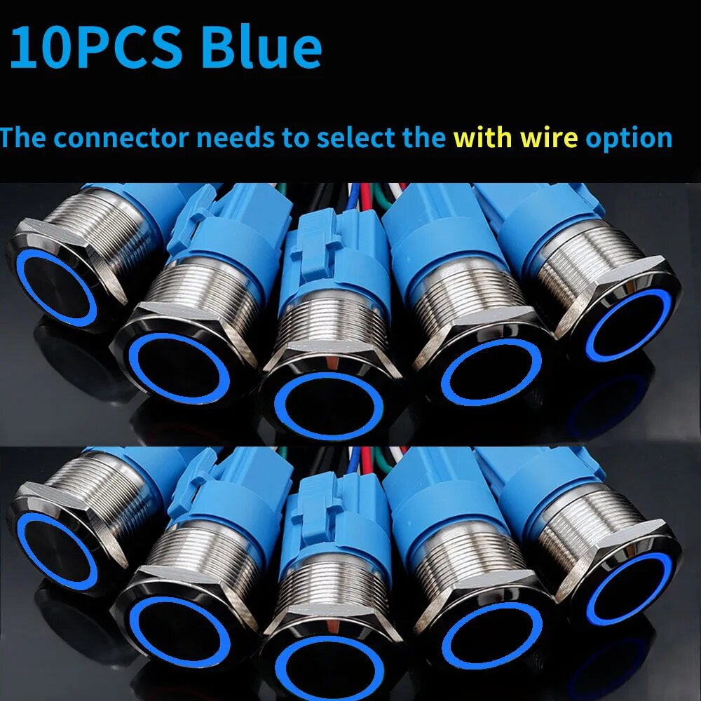 Металлические кнопки переключения PRONCH 16/19 мм с 16mm no wire, 10PCS Blue Flat, Latching, 12-24V