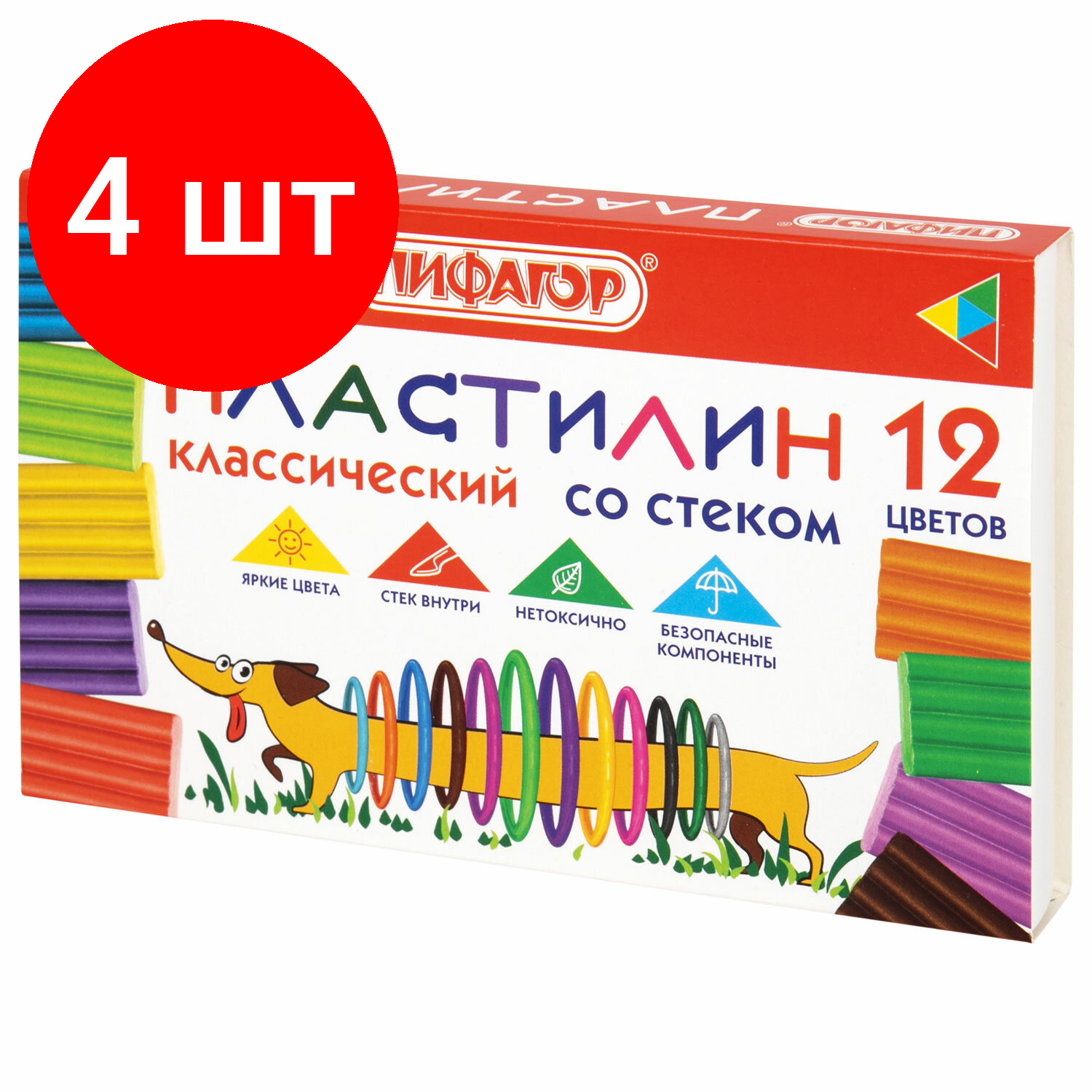 Комплект 4 шт, Пластилин классический пифагор "Веселая такса", 12 цветов, 180 г, со стеком, 106675