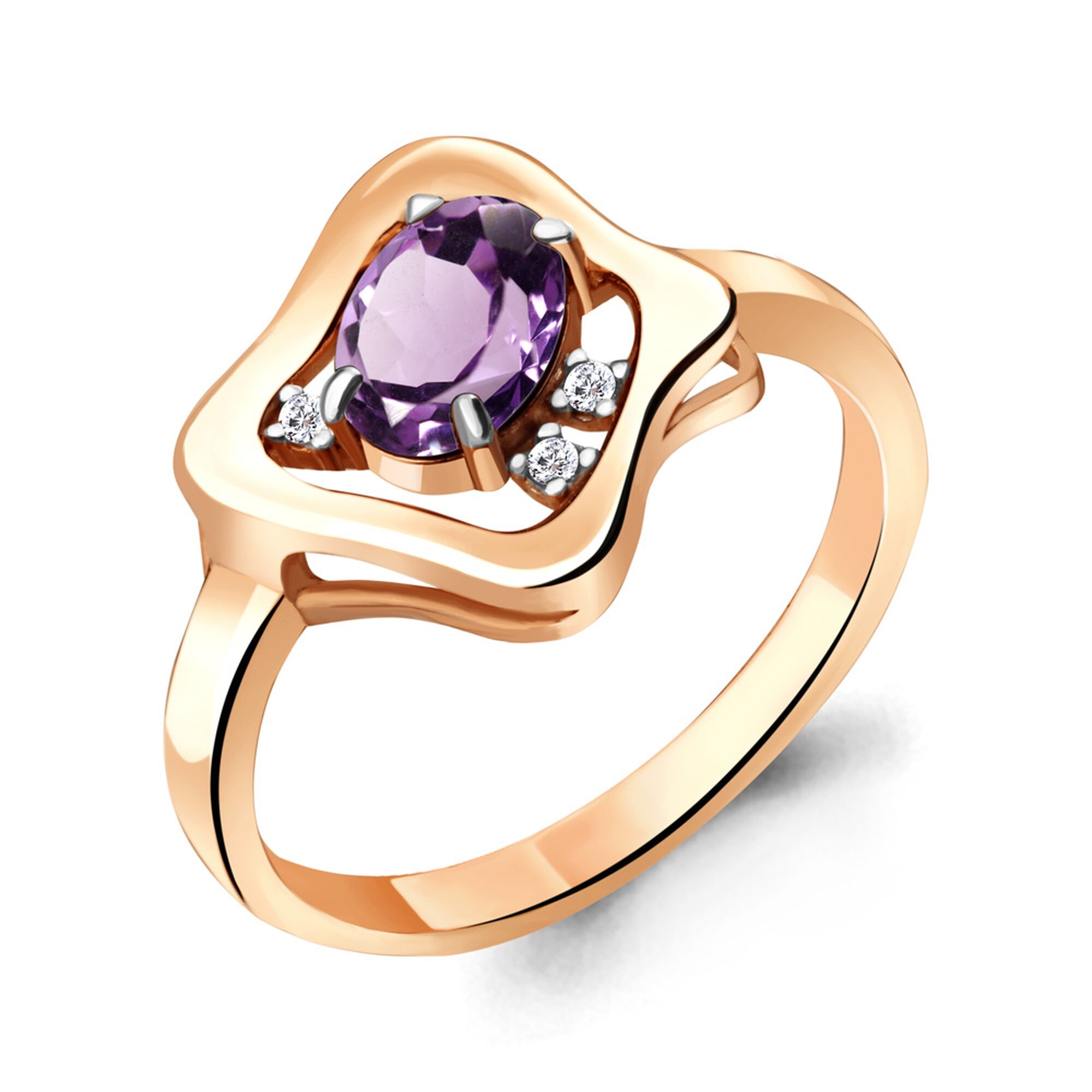 Кольцо, серебро, 925 проба, золочение, аметист, фианит