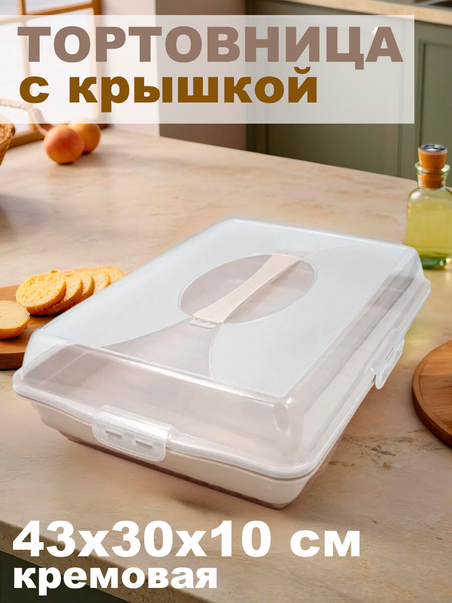 Тортница DD Style, пластик, прямоугольная, с крышкой, 43x30x10 см, кремовая