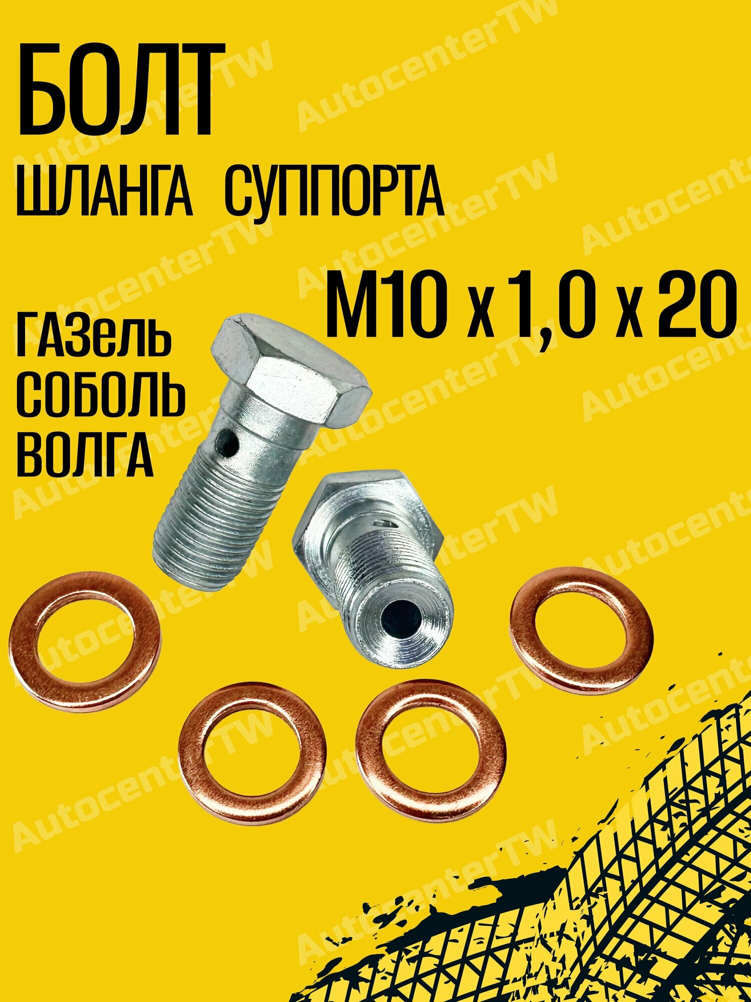 Болт М10х1,0х20 муфты соединительный шланга тормозного к суппорту (штуцер, банджо) ГАЗель, Волга ГАЗ-3110 (2 штуки + 4 шайбы медные)