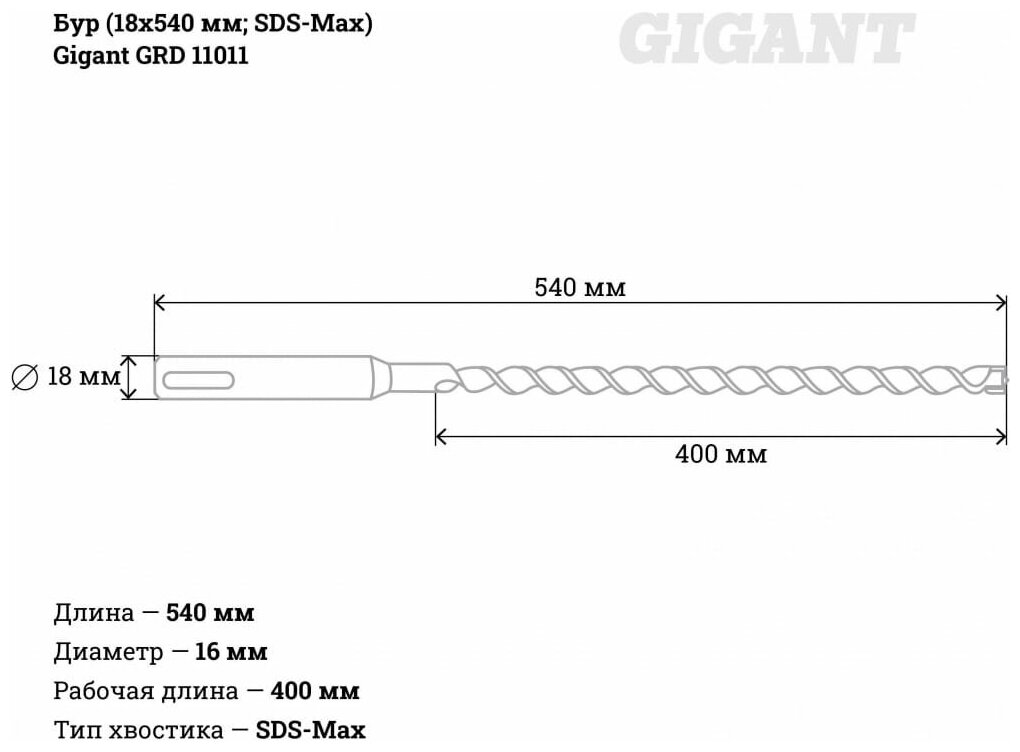 Бур SDS-Max Gigant GRD 11011 для бетона и кирпича, четырёхгранный коронковый тип, износостойкость при обработке — фото 1