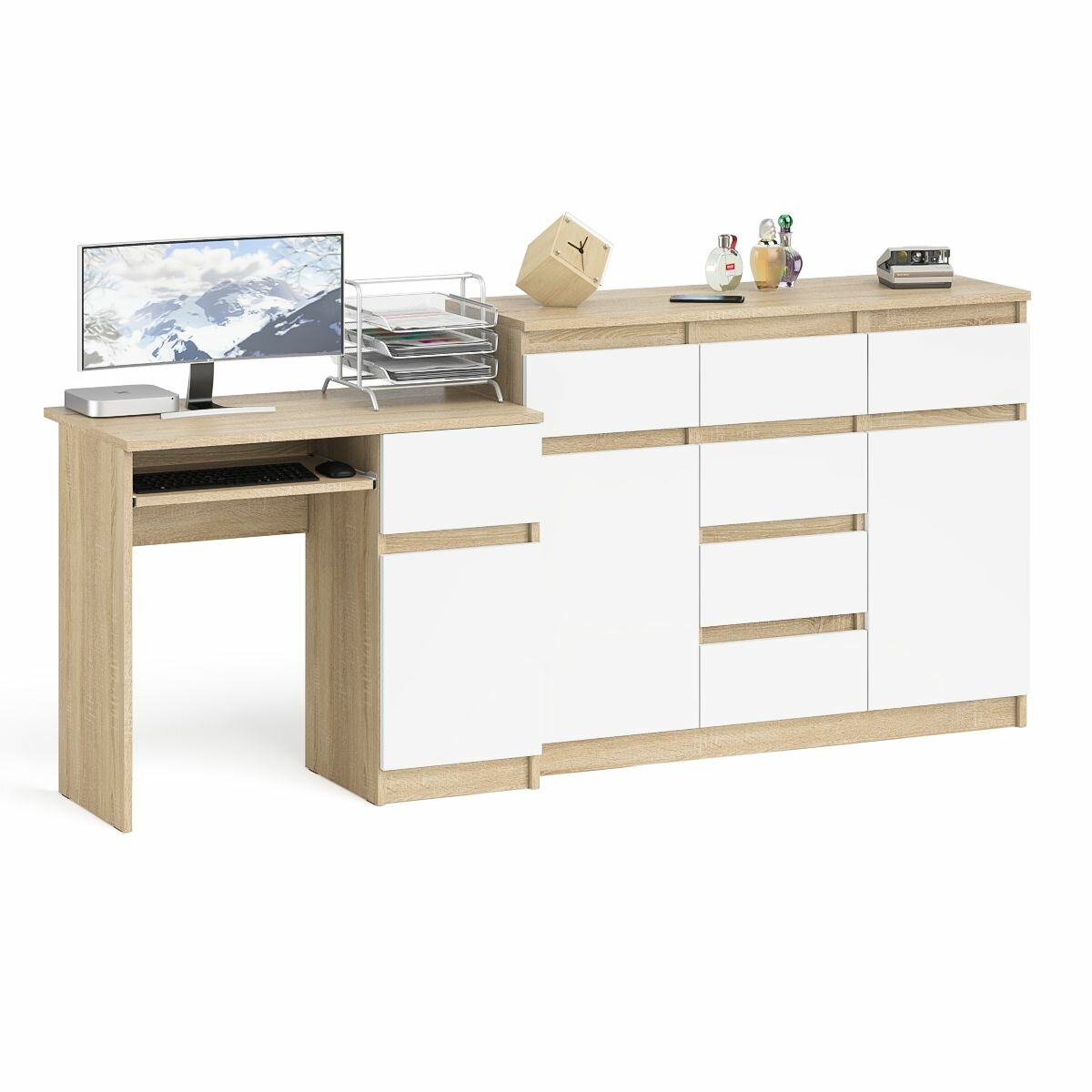 Компьютерный стол для дома, для школьника письменный Спасибо-Мебель 211см дуб сонома/белый