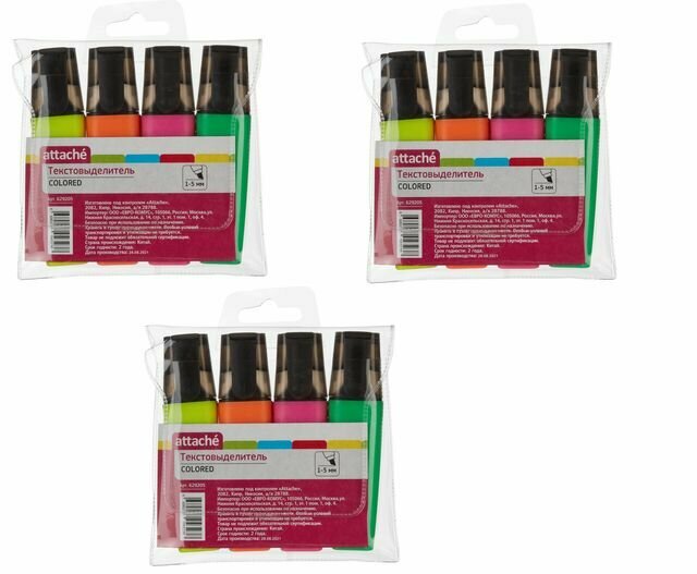 Attache Набор текстовыделителей текста Colored, 4 цвета, 1-5 мм, 3 уп.