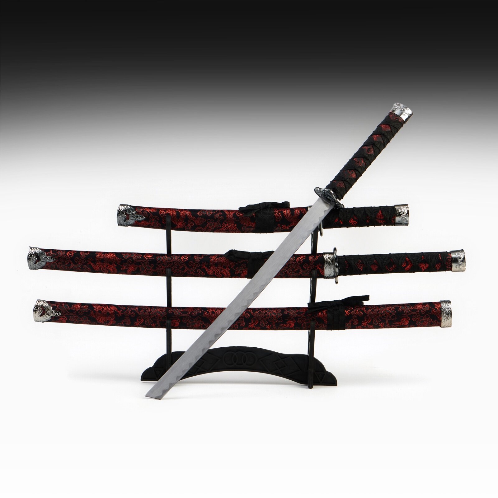 Макет оружия «Сувенирные катаны на подставке 3в1. Драконы красные на чёрном», ножны ткань, 47 см; 70 см; 89 см