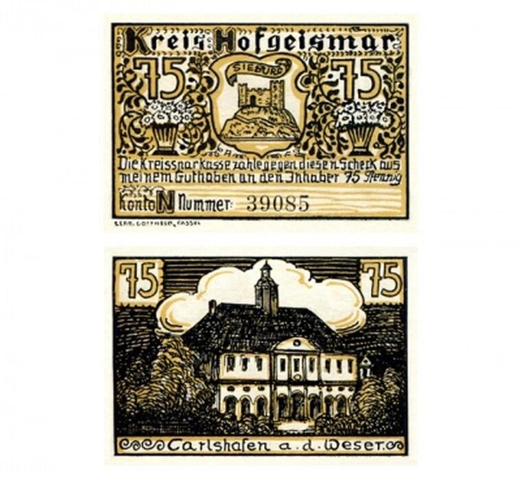 Нотгельд 75 пфеннигов 1921 Германия, Хофгайсмар, сувенирная копия, банкноты и купюры редкие коллекционные