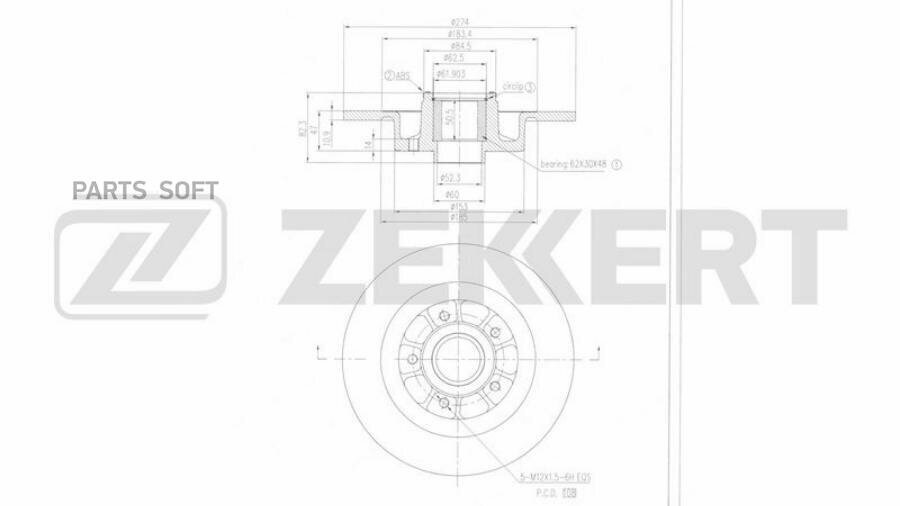 ZEKKERT BS-6657 Диск торм. задн. Renault Laguna II 01- Grand Scenic II 05- (с подшипником с ABS) ()