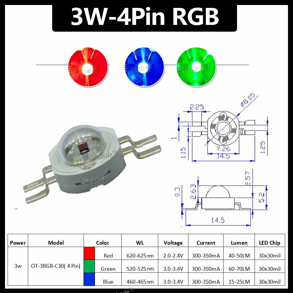 RGB LED 3W 4pin, 50шт