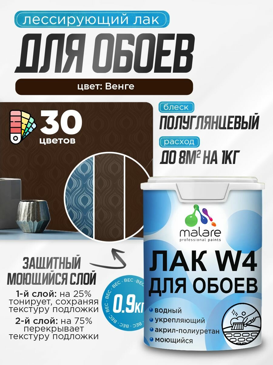 Лак колерованный тонирующий для защиты обоев Malare W4 универсальный для дерева и минеральных поверхностей, водный без запаха быстросохнущий, полуглянцевый, венге, 0.9 кг.