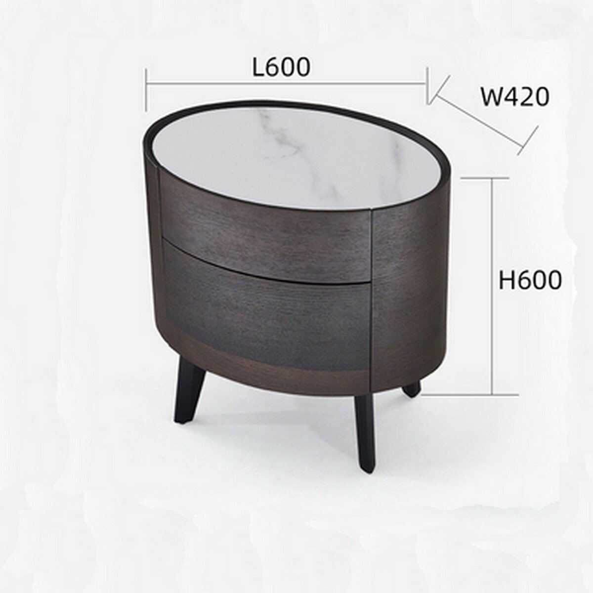 Современный овальный прикроватный столик для спальни Kelly (два ящика, шпон дуба или черного ореха, столешница мрамор)