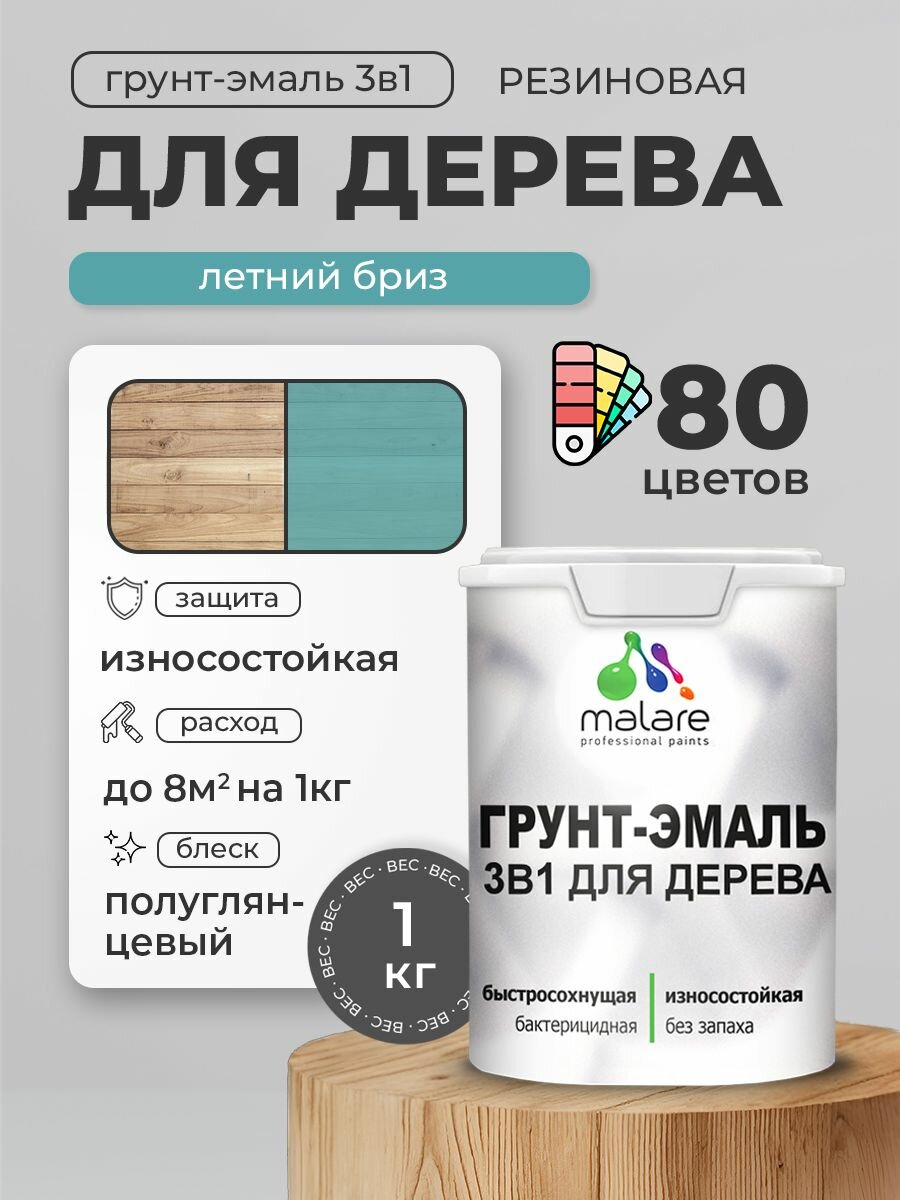 Резиновая Грунт-Эмаль 3 в 1 Malare для деревянных поверхностей/ краска по дереву с антисептическим эффектом/ быстросохнущая моющаяся без запаха полуглянцевая, летний бриз, 1 кг