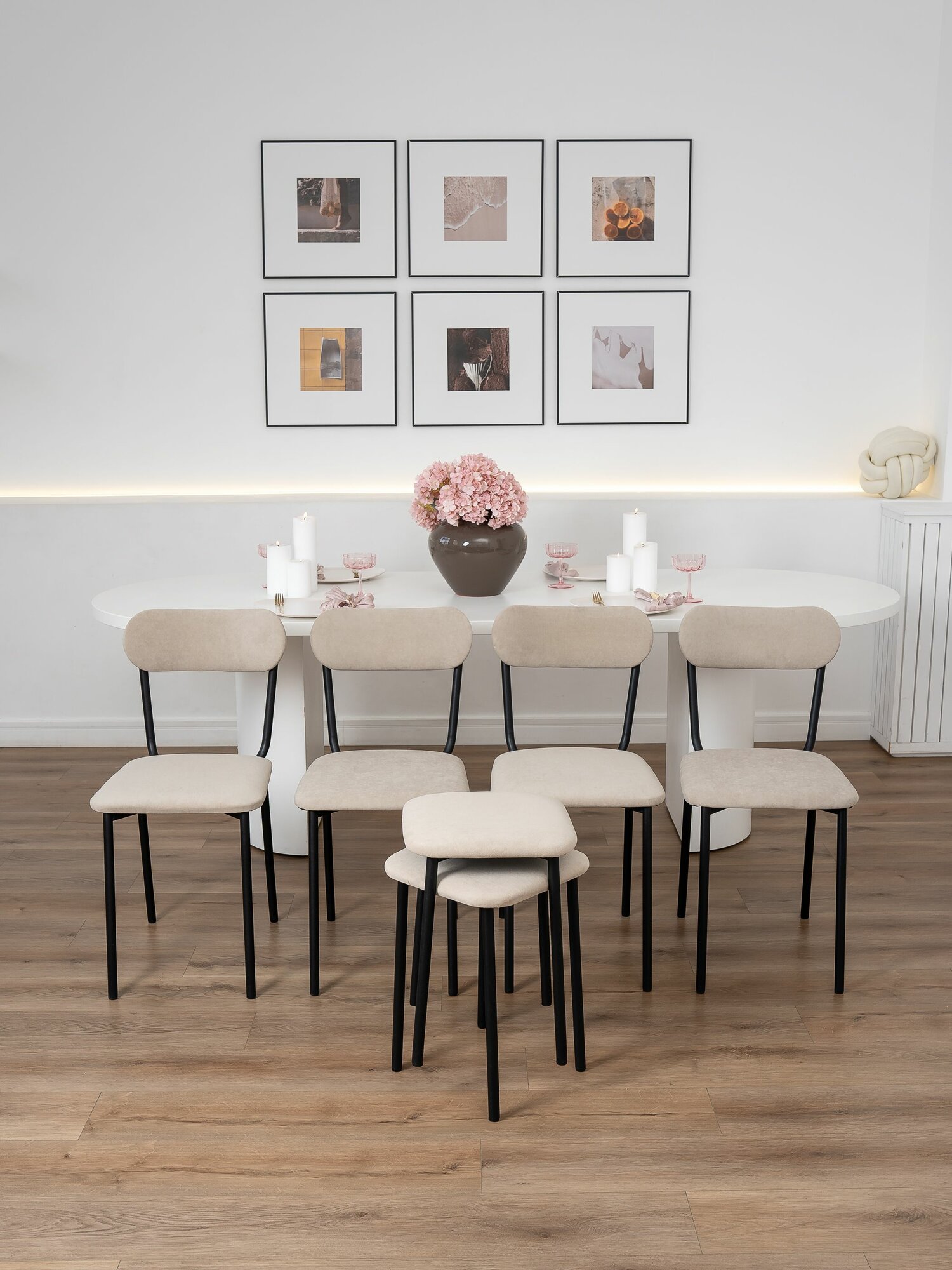 Стулья для кухни 4 шт и табурет 2 шт мягкие, комплект для обеденной зоны, велюр, 43 х 41 х 81 см, Бежевый