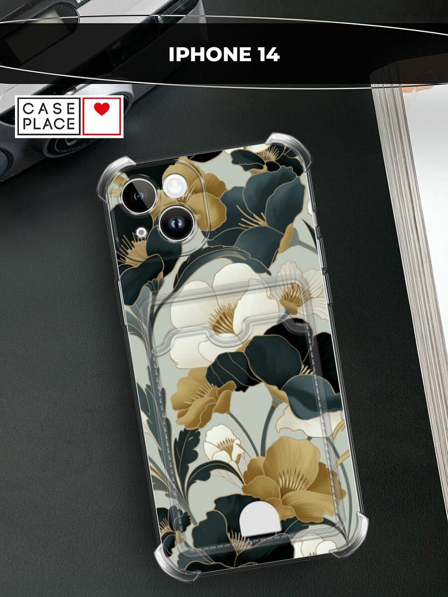 Чехол на Apple iPhone 14 (Айфон 14) с картой и принтом Золотые и белые цветы
