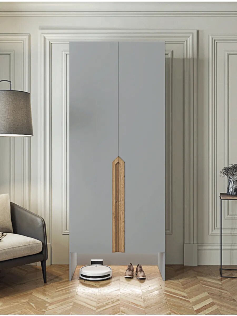 Casa Mia 100х210х60 см. Детский шкаф для одежды в прихожую 2-дверный с подсветкой, серый, ручка из массива дуба