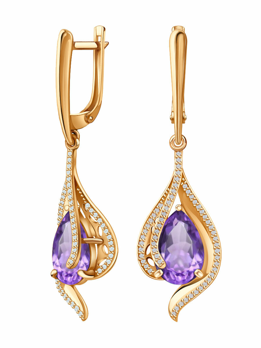 Серьги с подвесками, красное золото, 585 проба, аметист