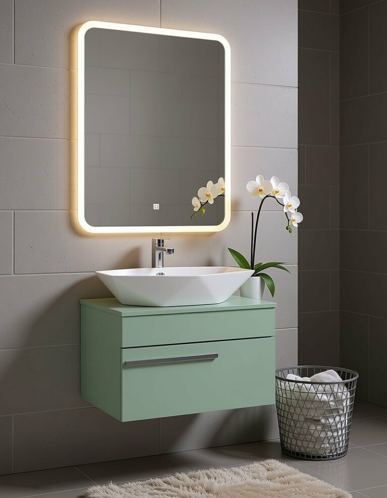 Мебель для ванной Вудлайн 65, оливковый, раковина Полигон, зеркало Руан 60х80