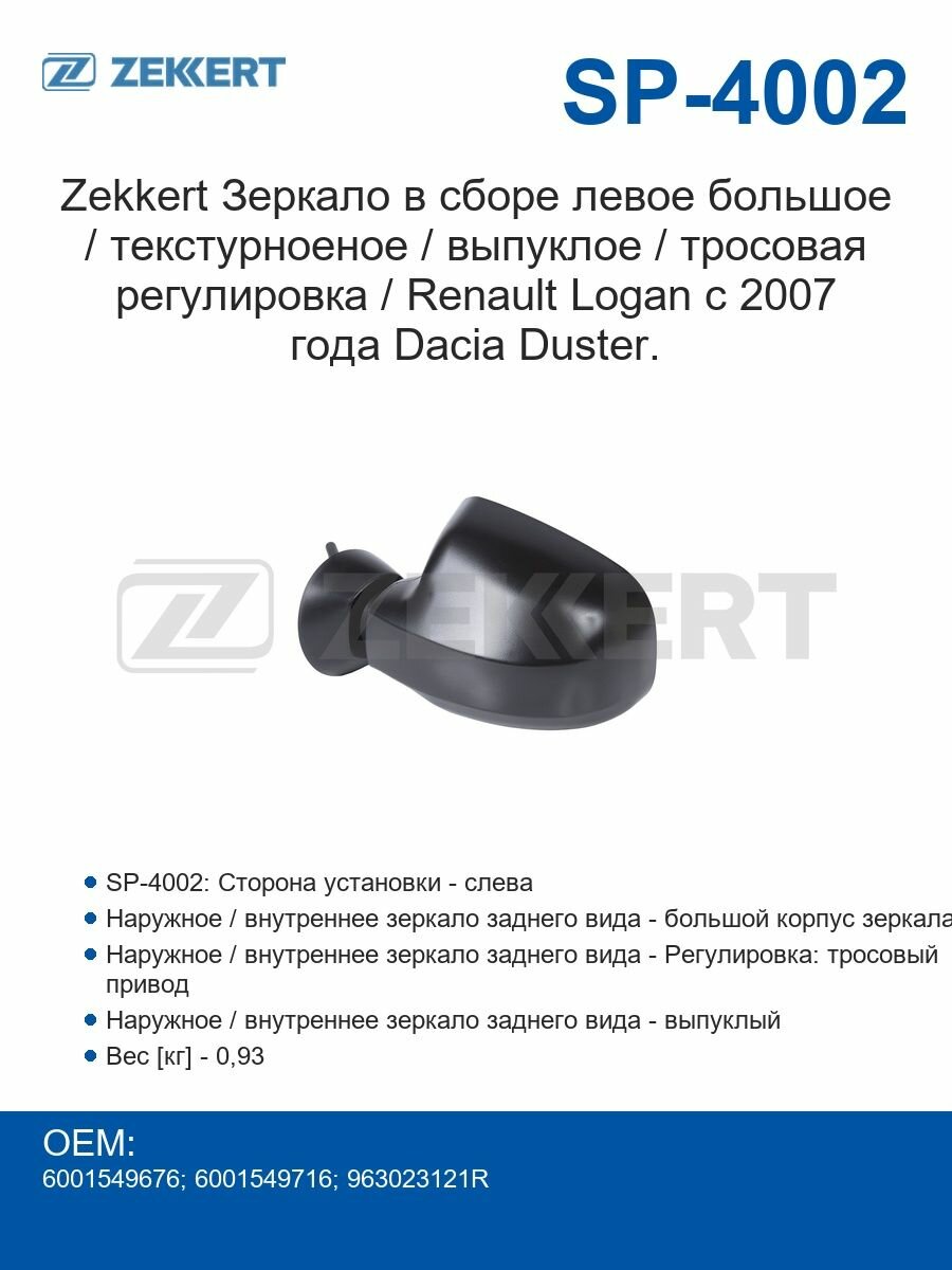 Zekkert Зеркало в сборе левое большое / текстурное / выпуклое / трос регул / Renault Logan с 2007 года Dacia Duster.