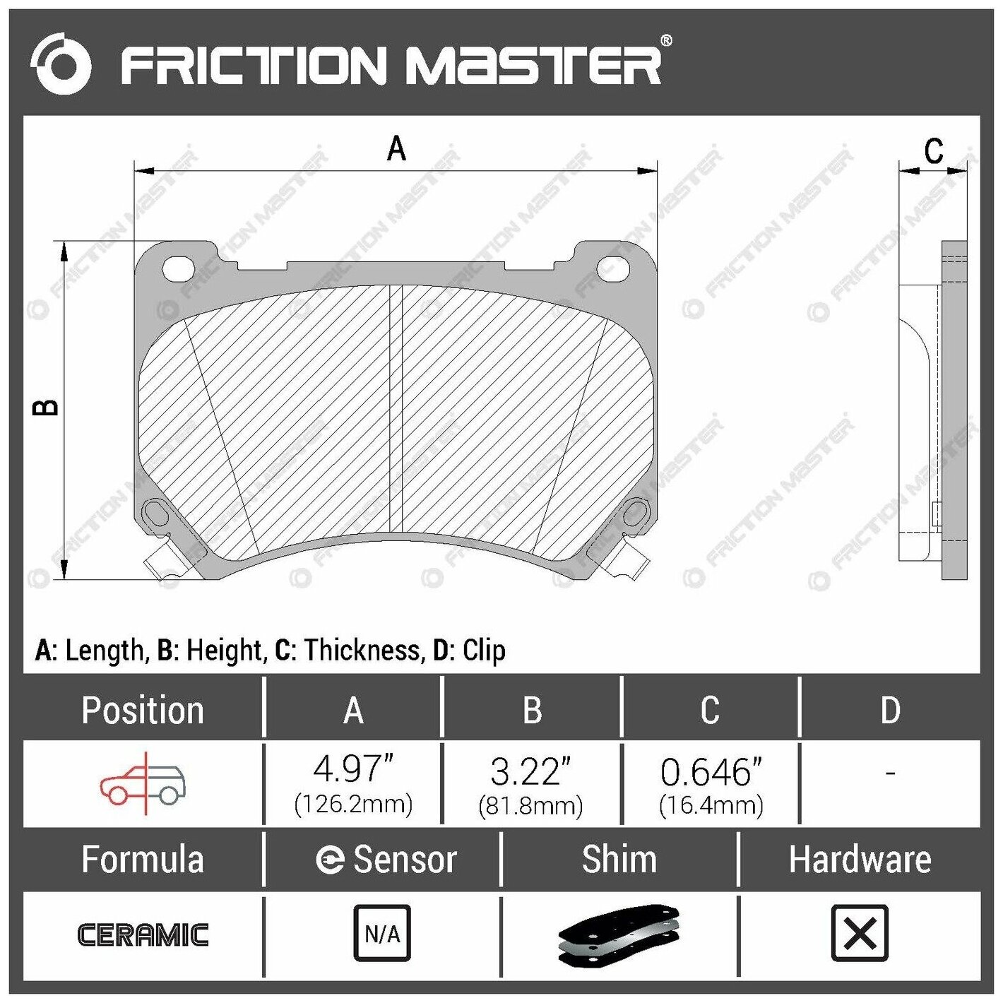 Керамические колодки тормозные дисковые передние FRICTION MASTER, CMX1396 на автомобиль Hyundai Elantra (Md, Ud) 06.11-, Hyundai Equus 2 03.09-