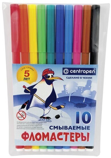 Фломастеры Centropen 10 цветов "Пингвины", смываемые, вентилируемый колпачок, 7790/10ET, 7 7790 1086