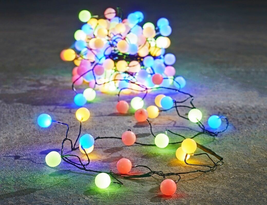 Светодиодная гирлянда огоньки-мультишарики, кластерная, 200 разноцветных LED-огней, 5+3 м, зелёная проволока, таймер, уличная, Edelman 1105722