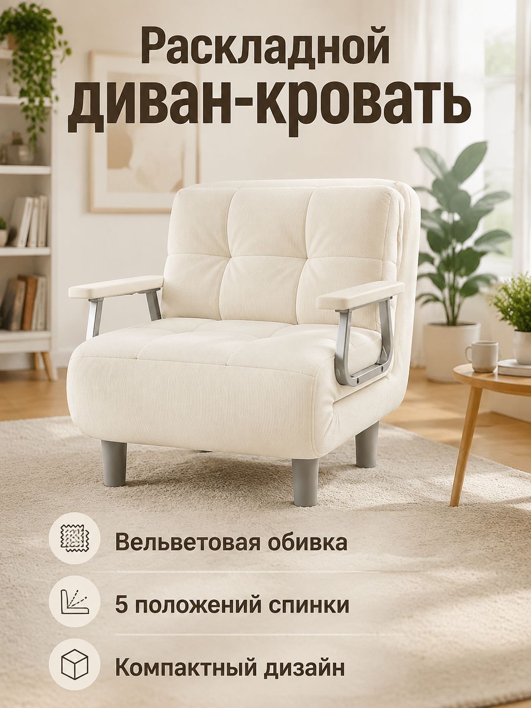 Складной диван-кровать из вельвета, 65 см, бежевый, 5 положений спинки, металлический каркас