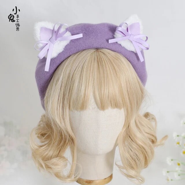 Женская шерстяная берета с бантом кошачьими ушками