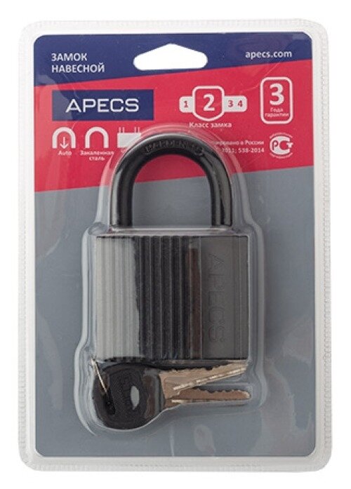 Замок навесной Apecs / Апекс PD-06-63 с автоматическим запиранием, чугунный, 3 ключа, дужка диаметром 9.8мм / средства защиты