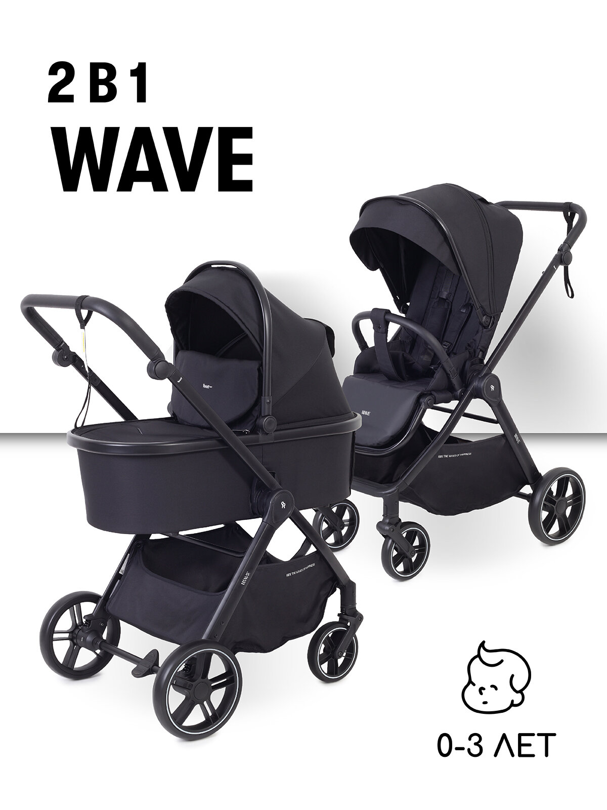 Коляска для новорожденных 2 в 1 RANT basic WAVE RA162 Black (черный)