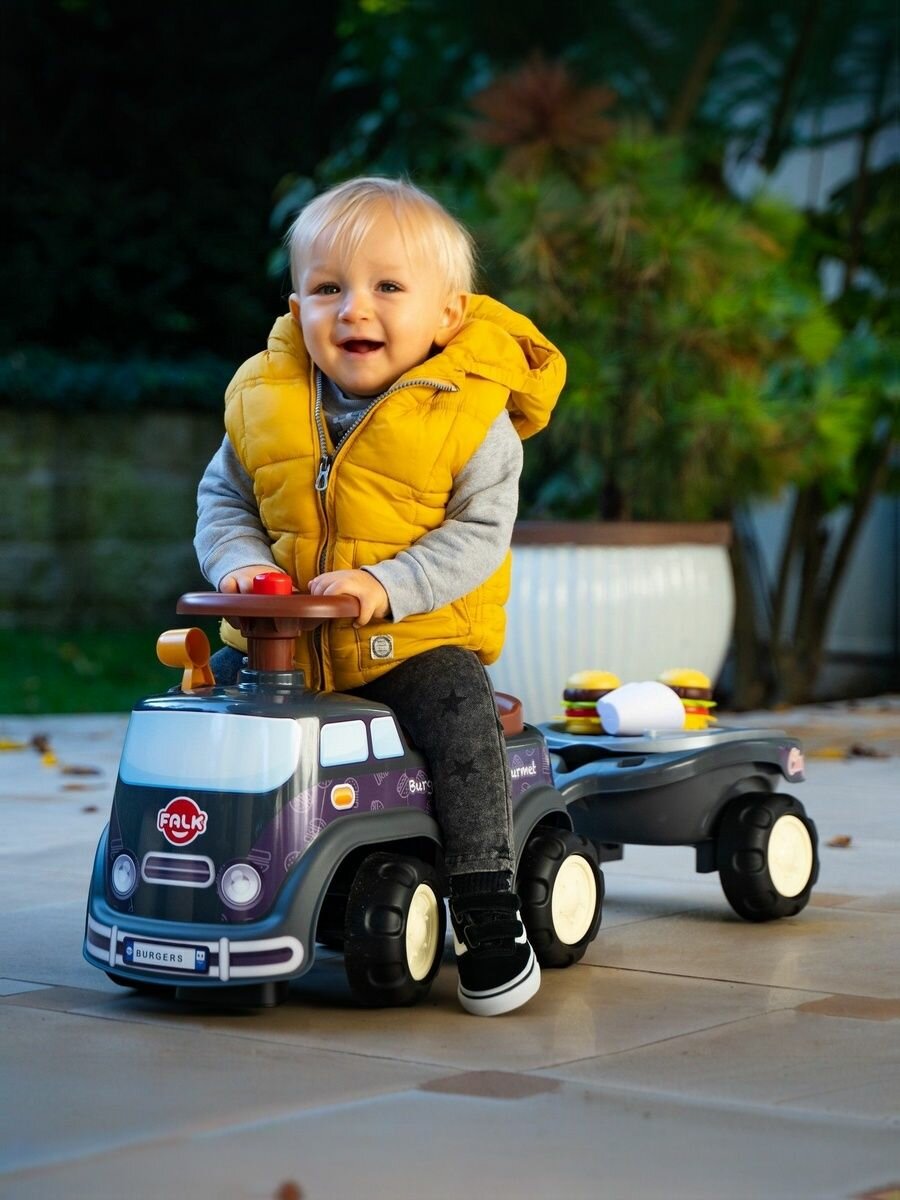 FALK Каталка грузовик, пушкар, толокар с едой фуд-трак с рулём клаксоном и прицепом, для детей от 1 года