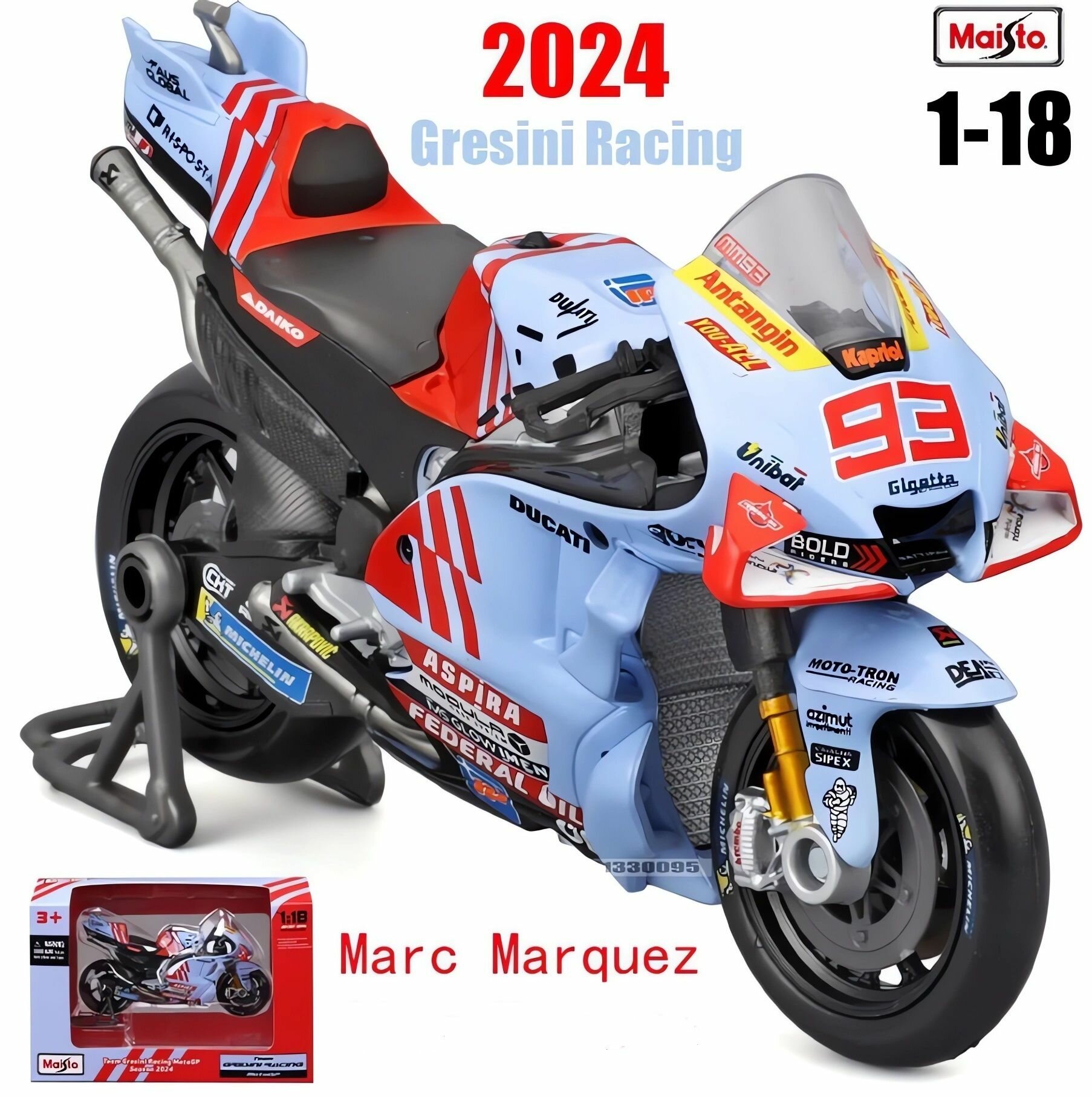 Коллекционная модель мотоцикла "Maisto". Серия MotoGP. GRECINI Racing 2024/№93 Марк Маркес (Масштаб 1:18)