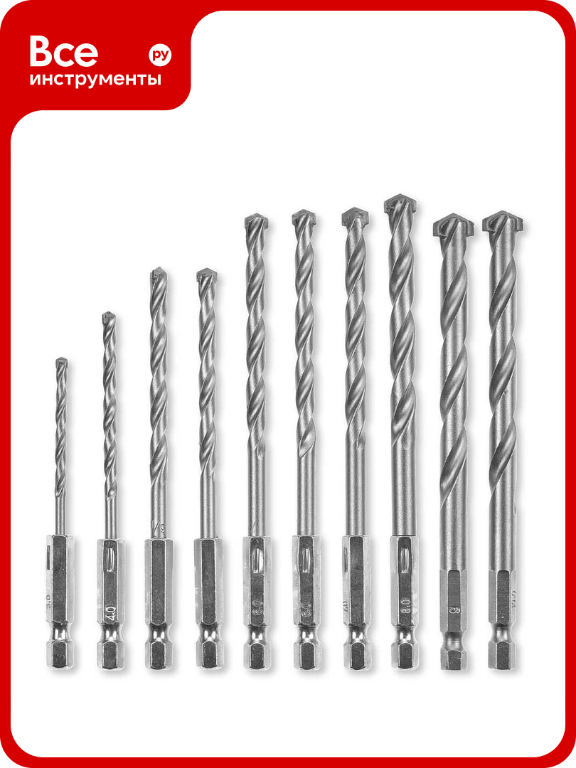 Набор сверл по камню 3-10 мм, с 6-гранным хвостовиком, 10 шт, s-case Einhell 108743