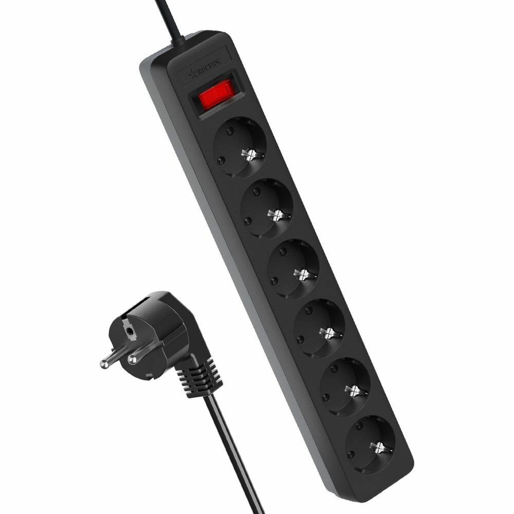 Удлинитель с сетевым фильтром 6х1.8м с заземл. 16А IP20 3.5кВт 3х1 с предохранителем с выкл. с индикатором сети черн. Космос FKsm1.8m-6g(B)16A