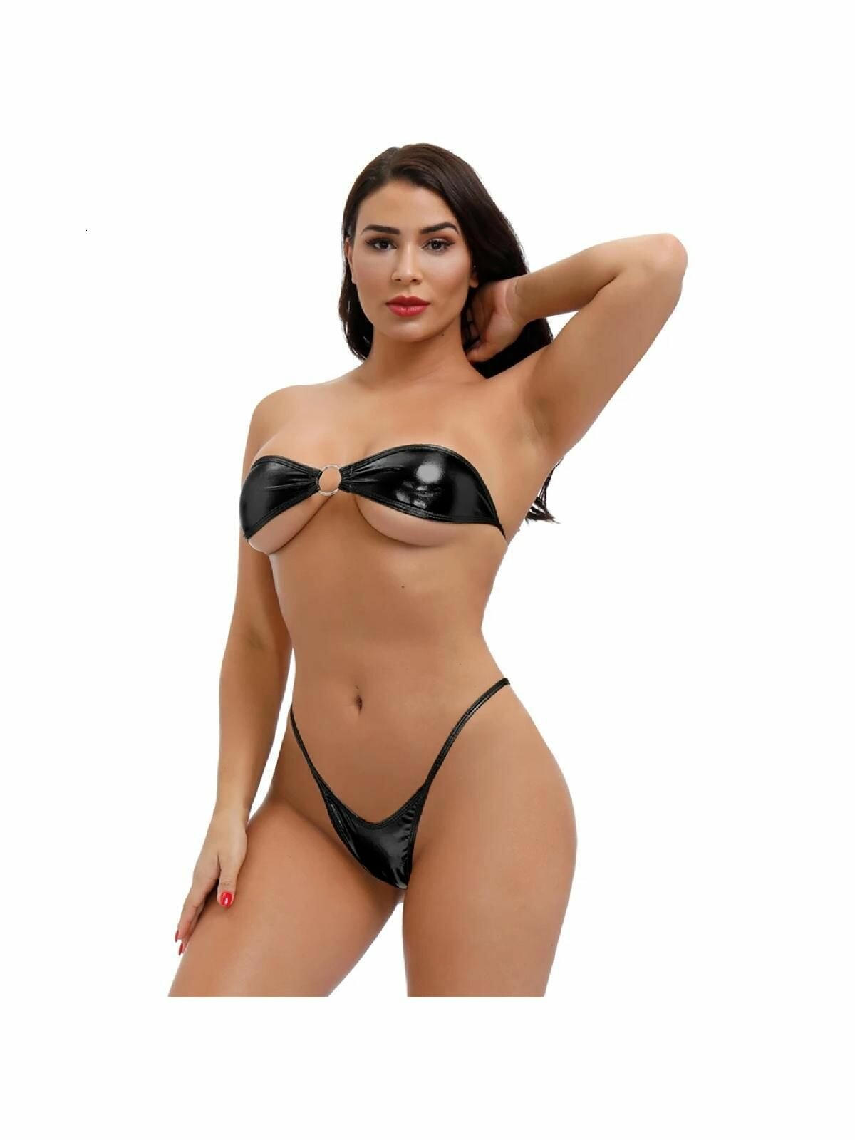 Женский 3-точечный комплект бикини сексуальные без бретелек G-стринг мини-трусики с шнуровкой, Черный