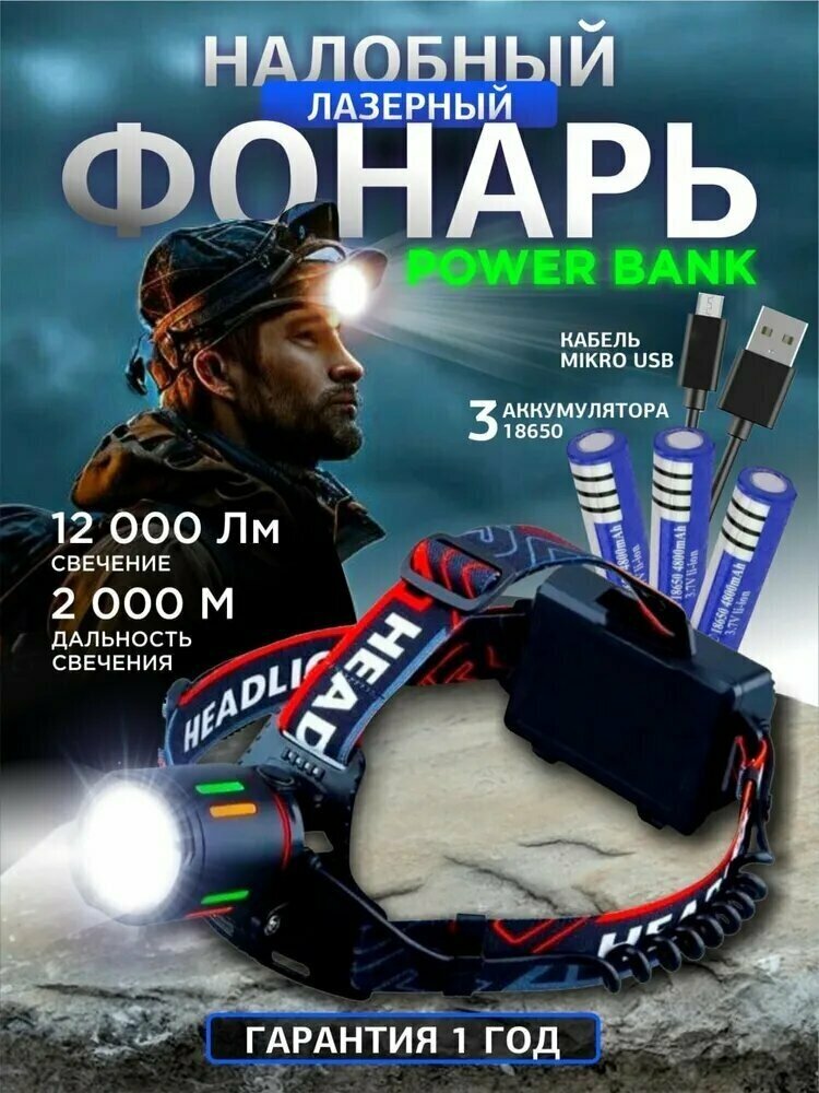 Фонарь налобный аккумуляторный . Мощный, светодиодный налобный фонарик