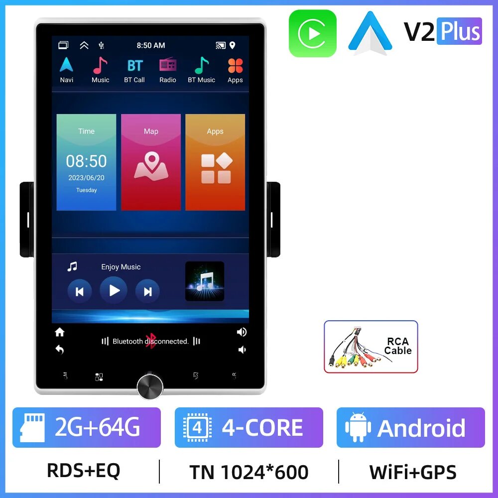 Автомагнитола Podofo, 1DIN, 10,4 дюйма, Android 13, вращающийся экран, автомобильный мультимедийный плеер, Bluetooth, Wi-Fi, Carplay, Android, авто, 2G 64G Carplay