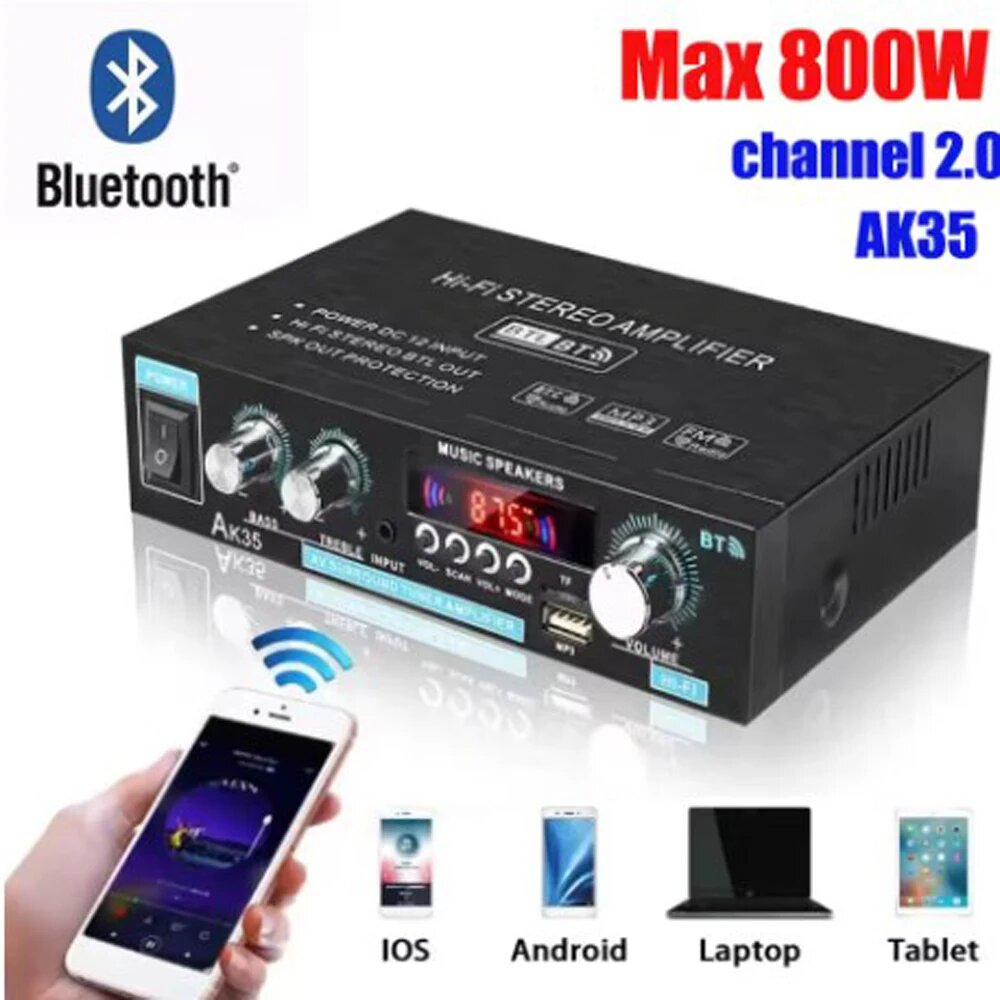 AK35 Bluetooth усилитель 110 В-240 В Hi-Fi цифровые домашние усилители мощности канал 2.0 стереозвук для автомобиля FM USB пульт дистанционного управления