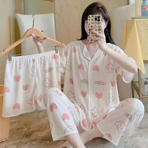 Весенне-осенний женский пижамный комплект из трех предметов, стильный костюм с короткими рукавами, свободный край, милая домашняя одежда для девочек, размер: M