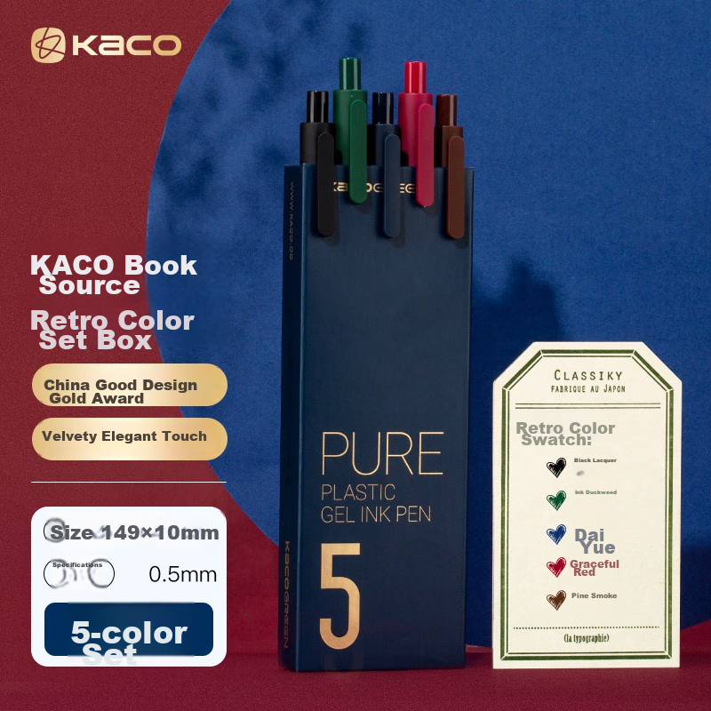 KACO Colorful Retractable Multi-Color Gel Pens, Journal Pens, Ink Pens, 0.5mm Bullet Tip, Mixed Colors, 5 Pens/box, Chinese Style K1015